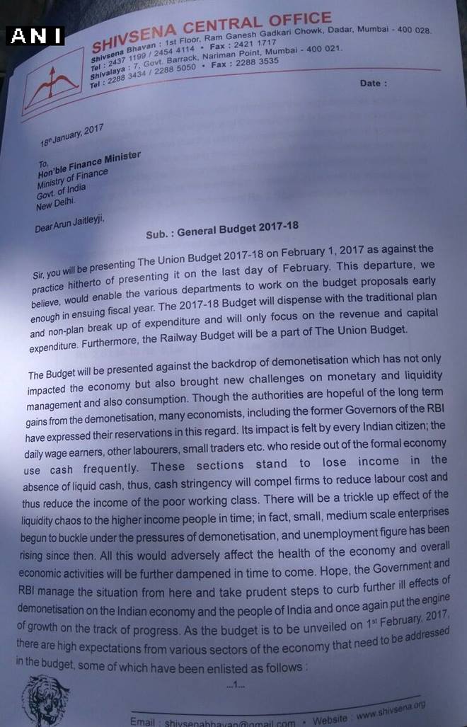 Budget 2017: Shiv Sena demands income tax exemption in letter addressed ...